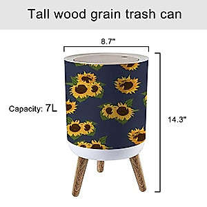 Small Trash Can with Lid Sunflower and Leaf Seamless Flat Watercolor Style Navy Sun Flowers and Round Recycle Bin Press Top Dog Proof Wastebasket for Kitchen Bathroom Bedroom Office 7L/1.8 Gallon