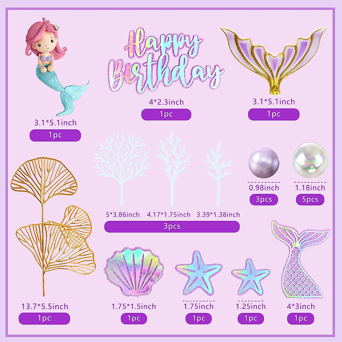DRWATE Mermaid Cake Toppers with 3D Mermaid Shell Starfish Fishtail Balls for Kids Girls Birthday Party Baby Shower Supplies (Style1)