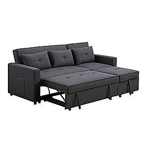 TUTB 80'' L-Shape Convertible Sleeper Sectional Sofa with Pull-Out Recliner and Bed, Side Pocket, Linen Corner 3 Person Couch for Home Furniture, Living Room, Apartment, Dorm, Dark Gray, 80