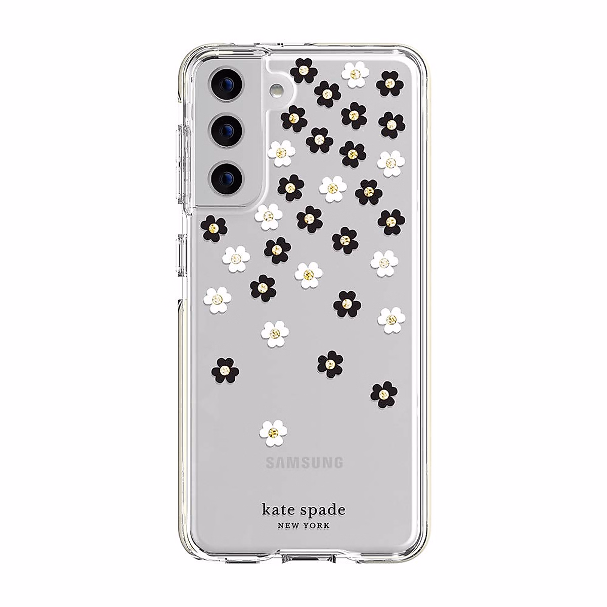 kate spade new york Defensive Hardshell Case Compatible with Samsung Galaxy S21 5G - Scattered Flowers Black/White/Gold Gems/Clear/White Bumper