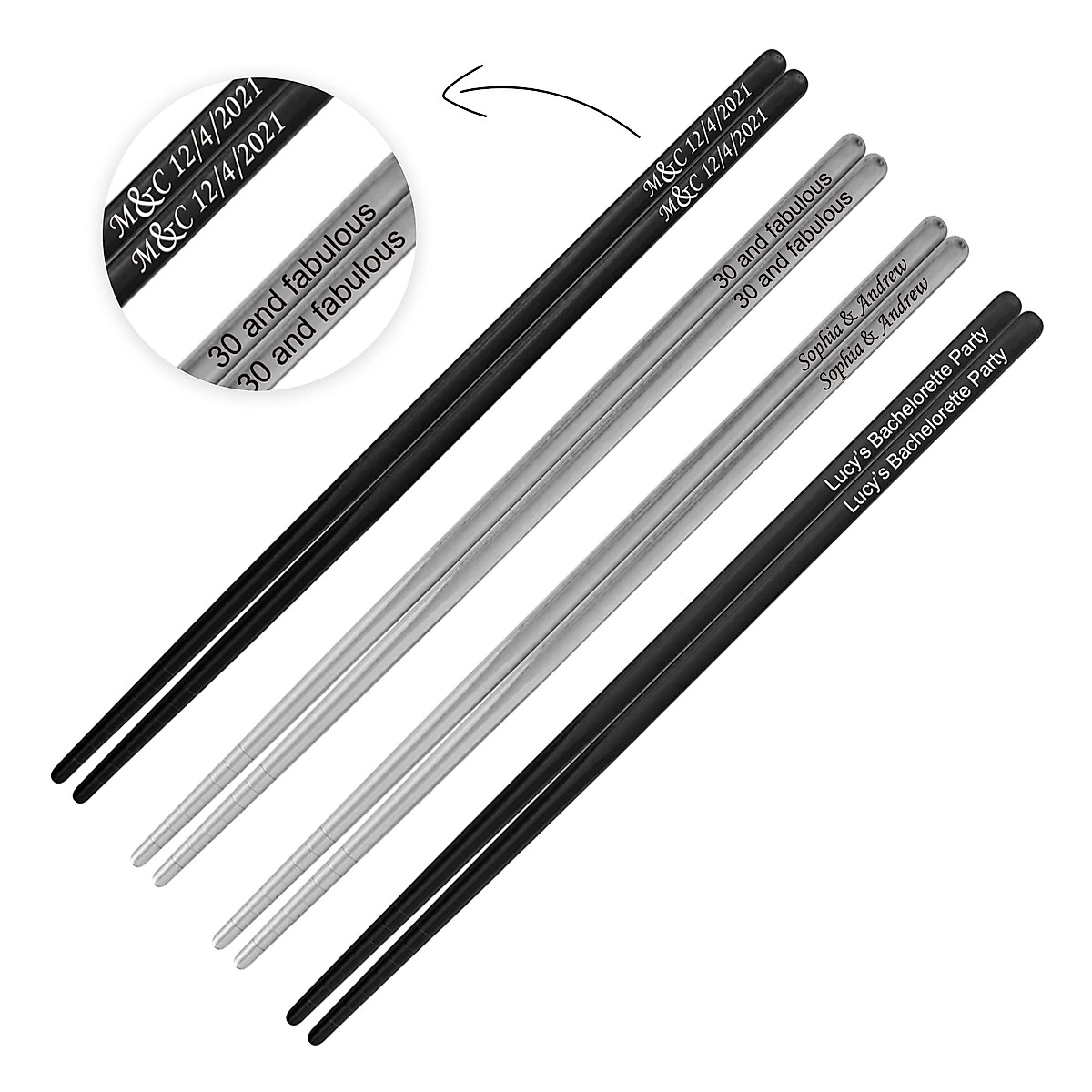 Set of custom reusable metal chopsticks engraved japanese stainless steel dinnerware utensils lot for new home, gifts, party favors, wedding goodie bags, engagements