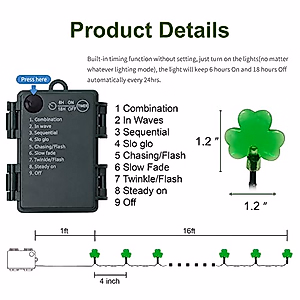WATERGLIDE 1 Pack St. Patricks Day Shamrocks Lights, 50 LED Outdoor Decorative String Lights, Battery Operated Lucky Clover Light, 8 Lighting Modes & Timer, Waterproof for Party Garden Home Decor