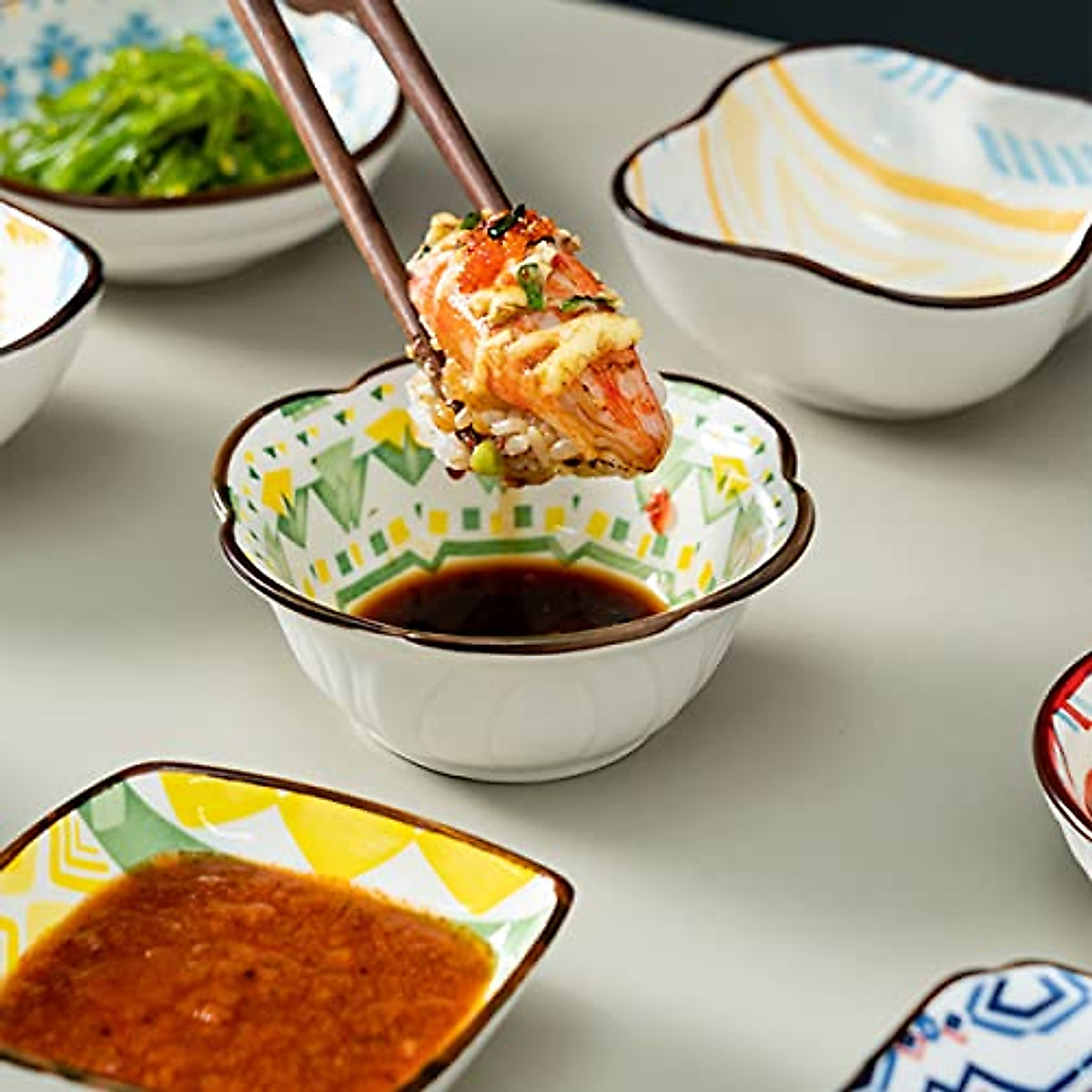 RareCi Dip Bowls 4 Oz - 6-Pack Little Dipping Bowl Set - Mini Ceramic Bowl - Small Condiment, Appetizer, Snack, Soy Sauce Dish - Cute Serving Bowls for Parties(Pentapetalous)