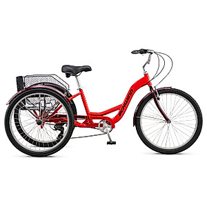 Schwinn Meridian Adult Tricycle Bike, Mens and Womens Three Wheel Beach Cruiser, 26-Inch Wheels, Low Step-Through Frame, Wide Seat, Rear Folding Basket, 7-Speed, Red