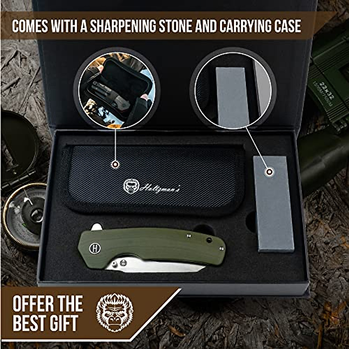 Holtzman's Gorilla Survival Folding Knife D2 Steel Blade G10 Tactical Handle Pocket Folding Knife EDC Giftset for Men (Silver and Green)