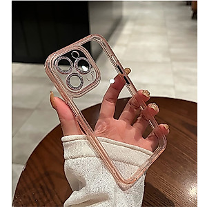 Eiyikof for iPhone 14 Pro Max Case with Bling Camera Lens Protector Cover Cute Sparkly Diamond Slim Clear Back & Glitter Bumper Silicone Shockproof Protective Case for Girls Women-Pink