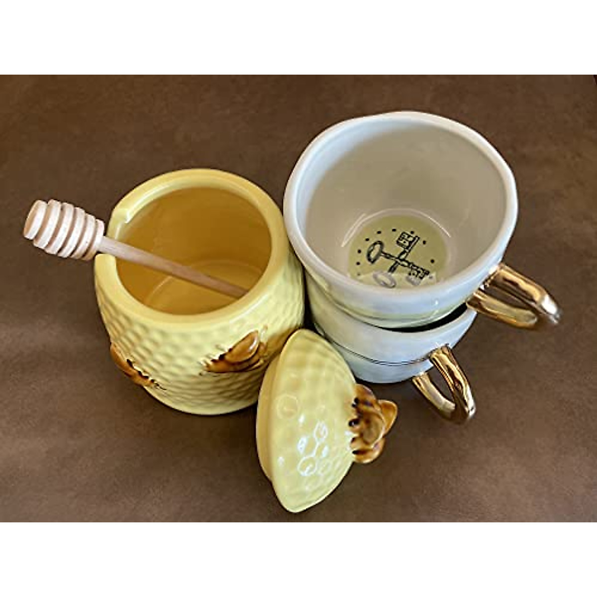 heart & home Ceramic Honey Jar with Dipper 14 oz, Honey Pot with Lid and Wood Dipper, Yellow