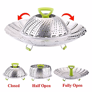 Vegetable Steamer Basket, Stainless Steel Folding Steamer Basket Insert for Veggie Fish Seafood Cooking, Expandable to Fit Various Size Pot (5.1" to 9" Triangle)