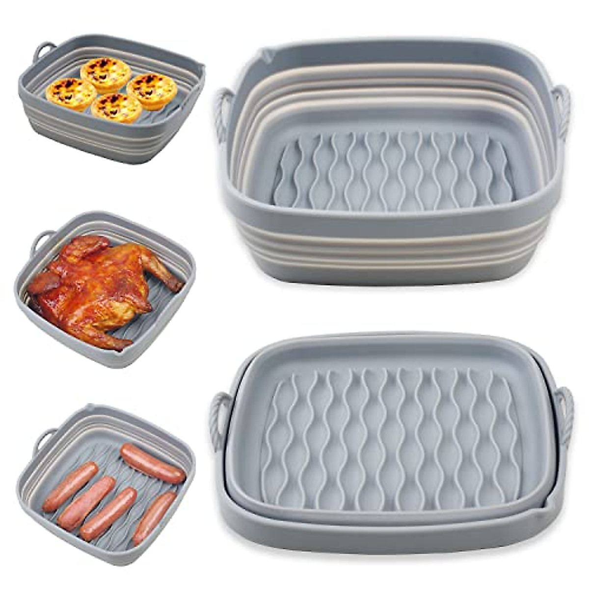 2Pack Upgraded 8 Inch Foldable Air Fryer Silicone Liners Square, Reusable Air Fryer Basket Liner, Thick Food Grade Silicone Pot, Airfryer Inserts Accessories for 4 to 7 qt Air Fryers, Grey, ZUOFANG