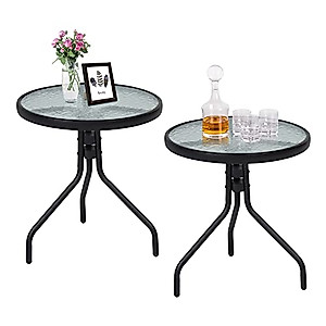 Kinsunny Round Bistro Coffee Table Set of 2, Patio Side Table Tempered Glass Top Metal End Table with Legs, for Outdoor Garden Backyard Lawn Poolside