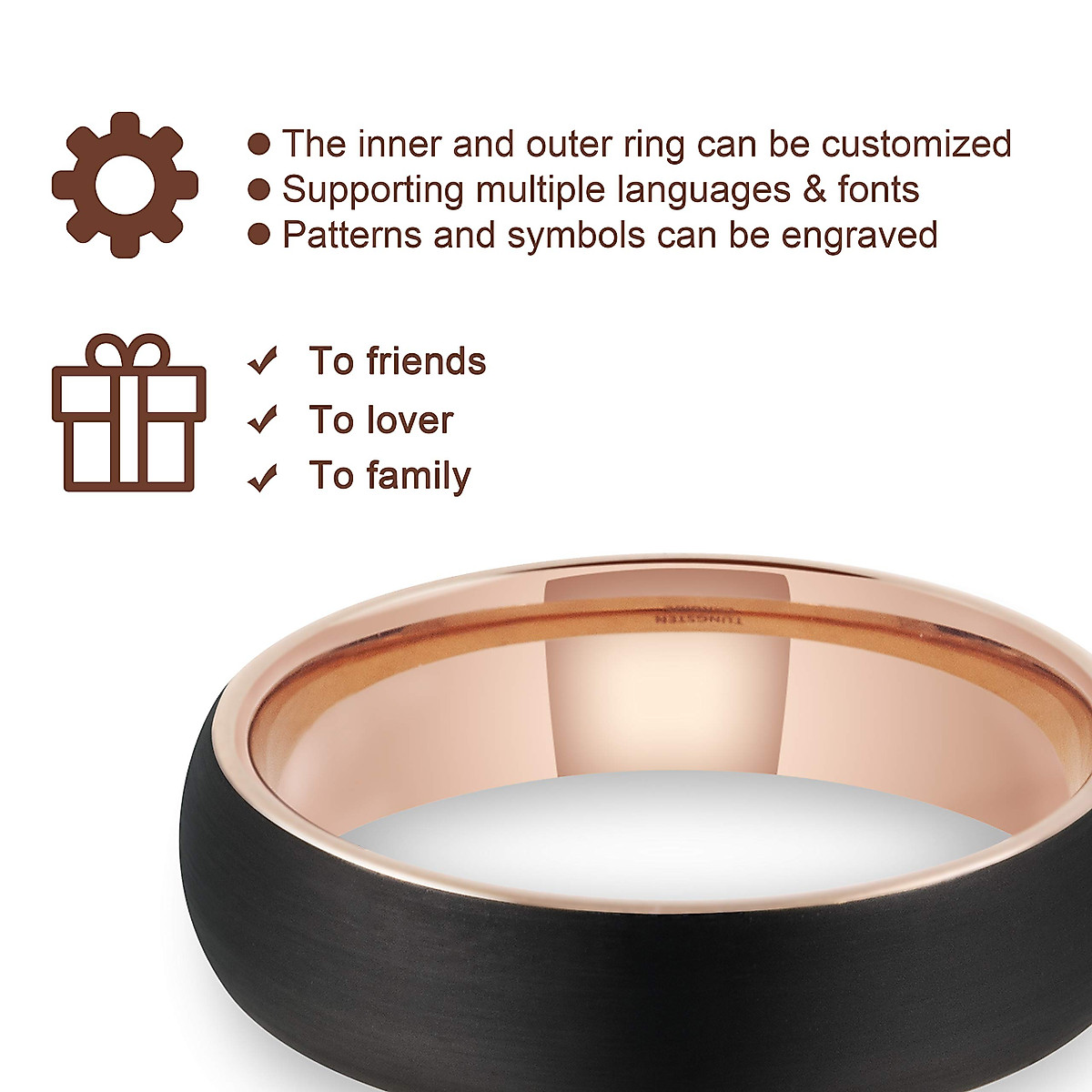 LerchPhi 6MM Tungsten Carbide Wedding Ring, Black Satin Finish and Rose Gold, Comfort Fit, Personalized Engraved Band for Anniversary