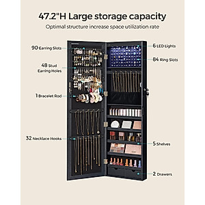 SONGMICS 6 LEDs Mirror Jewelry Cabinet, 47.2-Inch Tall Lockable Wall or Door Mounted Jewelry Armoire Organizer with Mirror, 2 Drawers, 3.9 x 14.6 x 47.2 Inches, Black UJJC093B01