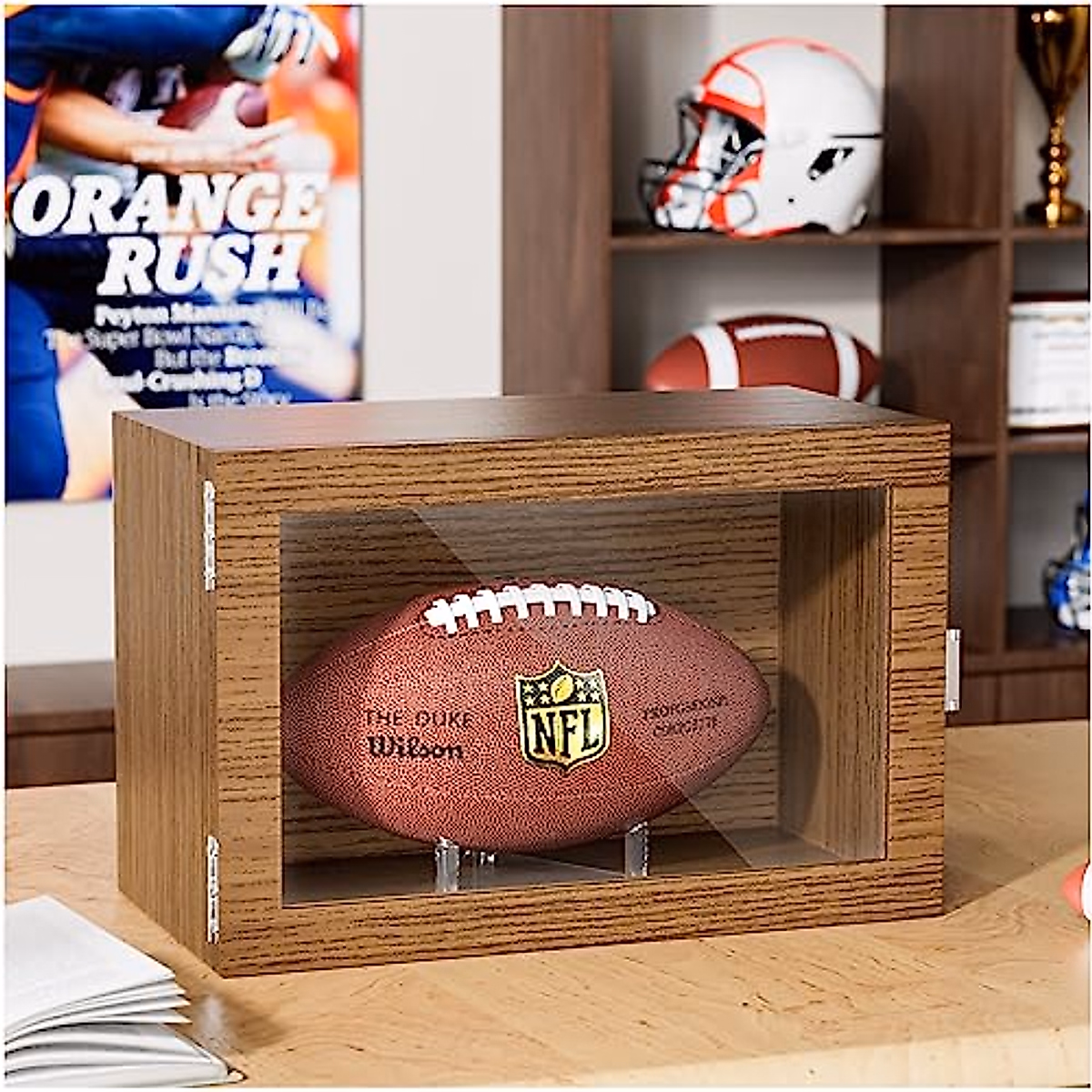 Full Size Wooden Football Display Case with Acrylic Football Stand【No Assembly Required 】 with 98% UV Acrylic Door, Sports Memorabilia Showcase and Storage Box