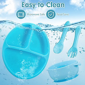 9 Pcs Silicone Baby Toddler Suction Plates Baby Bowls with Suction Toddler Bowls Set Kids Utensils Divided Plate Baby Boy Girl Feeding Set with Spoon Fork Dishwasher and Microwave Safe (Bright Colors)