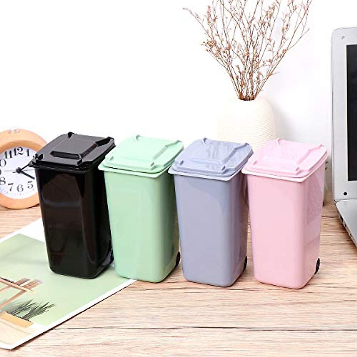 TOYMYTOY Office Trash Can, Desktop Mini Trash Bin, Garbage Bin Set Pencil Cup Holder with Lips & Wheels(4PCS)