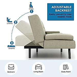 IULULU Futon Sofa Bed, Convertible Sleeper Couch Daybed with 2 Cup Holders and Removable Armrest for Apartment, Studio, Dorm, Office, Home, Khaki