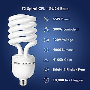 Xtricity CFL, 65W (300 Watt Equivalent), High Lumen 4000 Light Bulb, 4100K Cool White T5 Spiral, Compact Fluorescent, 4000 Lumens, E26 Medium Base, 120V, UL Listed