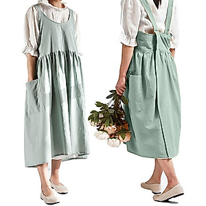losofar Women Girls Cross Back Apron Gardening Works Cotton Aprons Pinafore Dress (green, 32.3" x 41.3")