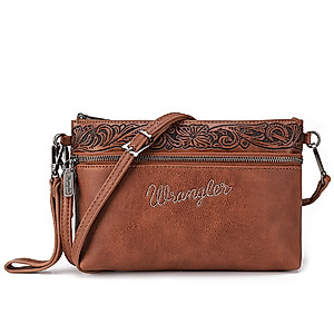 Wrangler Clutch Wristlet Purse Western Crossbody Bags Tooling Pattern Wallet for Women Cell Phone Purse,WG50-181BR