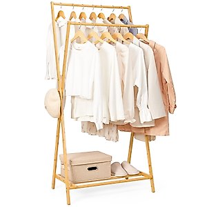 Cozivolife Bamboo Clothes Rack with Storage Shelf, Portable Garment Rack Clothing Racks for Hanging Clothes, Foldable Wardrobe Storage Rack for Entryway and Bed Room (Natural)