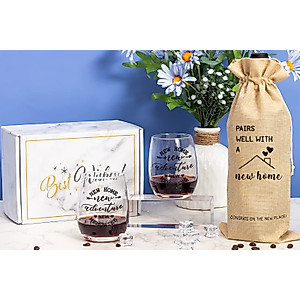 House Warming Gifts New Home, Housewarming Gift Stemless Wine Glass & Bottle Gift Bag Set for Newlywed Couple, Women, Friends, New Homeowner, Unique New Home Gifts for Home, Realtor Gift for Clients