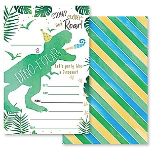 Grace Yonks Stomp Chomp&Roar Party Birthday Invitation, 20 Invitations and Envelopes for Third Birthday party Invitations, Dinosaur Birthday Party Supplies.(114) (PARTY 115)