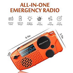 (Upgraded Version) iRonsnow Emergency Solar Hand Crank Radio, Portable NOAA Weather Radio with WB/AM/FM, Headphone Jack, LED Flashlight, 2000mAh Power Bank USB Phone Charger and SOS Alarm (Orange)