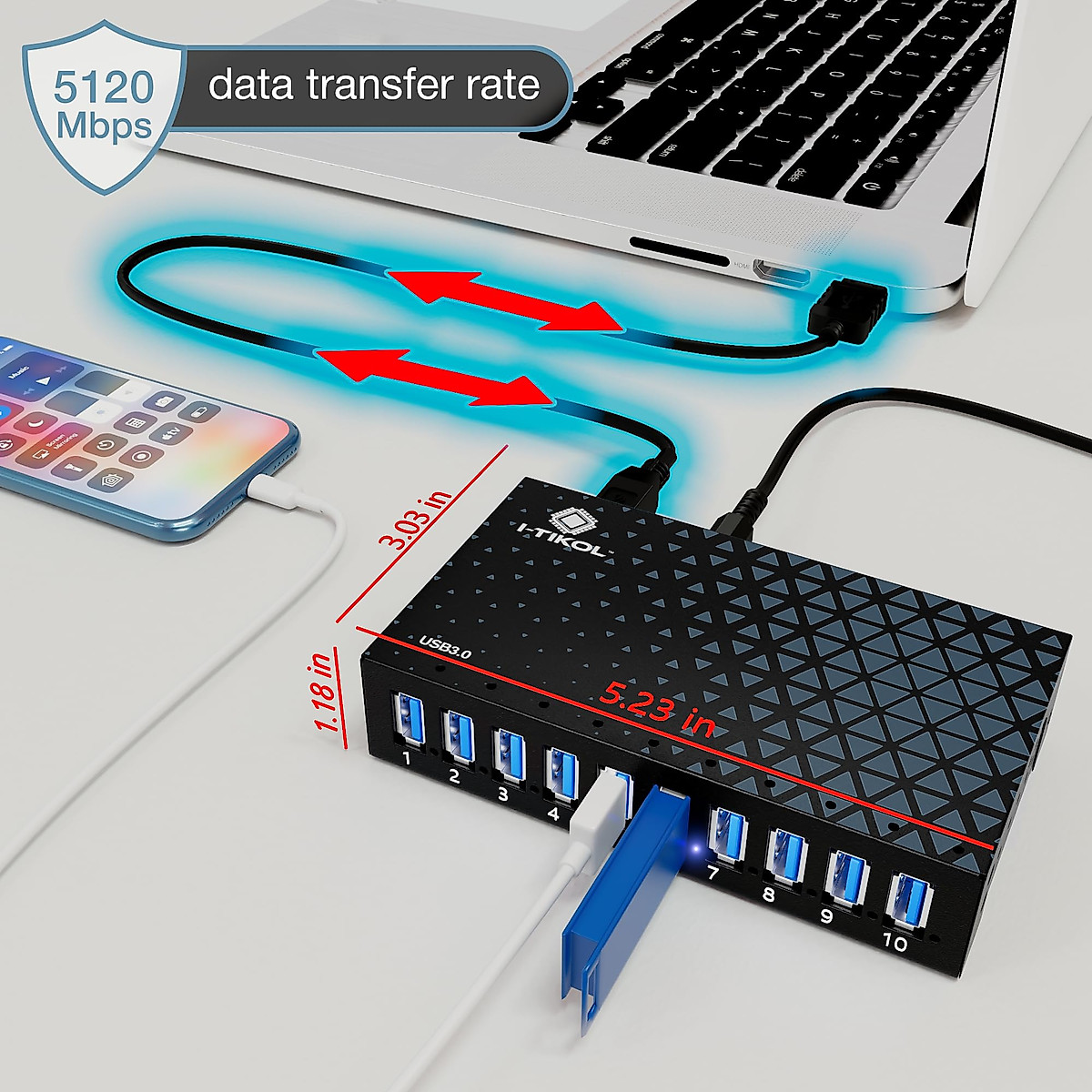 10 Ports USB Hub 3.0 Powered Aluminium - USB Hub Charger - Multiple Port - USB Splitter Hub with Power Adapter 12V/5A/60W - for Laptop, PC,Flash Drives, HDD,Hard Drive,Mouse,XPS,Xbox,Keyboard