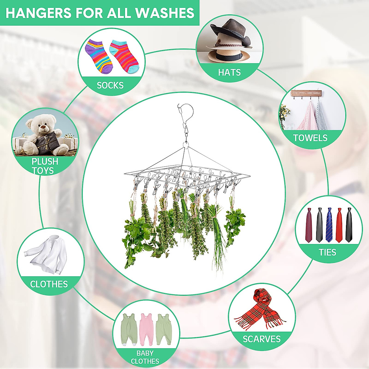 Bokon 4 Pcs Hanging Drying Rack for Herb Macrame Flower Drying Rack with 30 Stainless Clip Herb Dryer Hooks for Drying Herb Air Plants Spices Flowers Hydroponic Plants-Ready to Use with Ceiling Hook