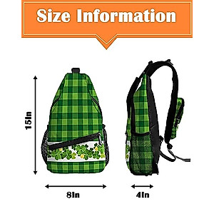 Sling Backpack, St. Patrick's Day Lucky Clover Green Buffalo Plaid Waterproof Lightweight Small Sling Bag, Travel Chest Bag Crossbody Shoulder Bag Hiking Daypack for Women Men