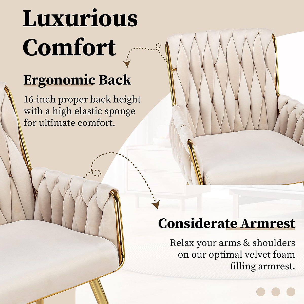 ABET Velvet Desk Chair 1PC, Modern Woven Armchair with Gold Metal Legs & Armrest, Comfy Upholstered Vanity Makeup Chair for Teen Girls & Women, Cute Office Chair for Bedroom, Living Room,Beige