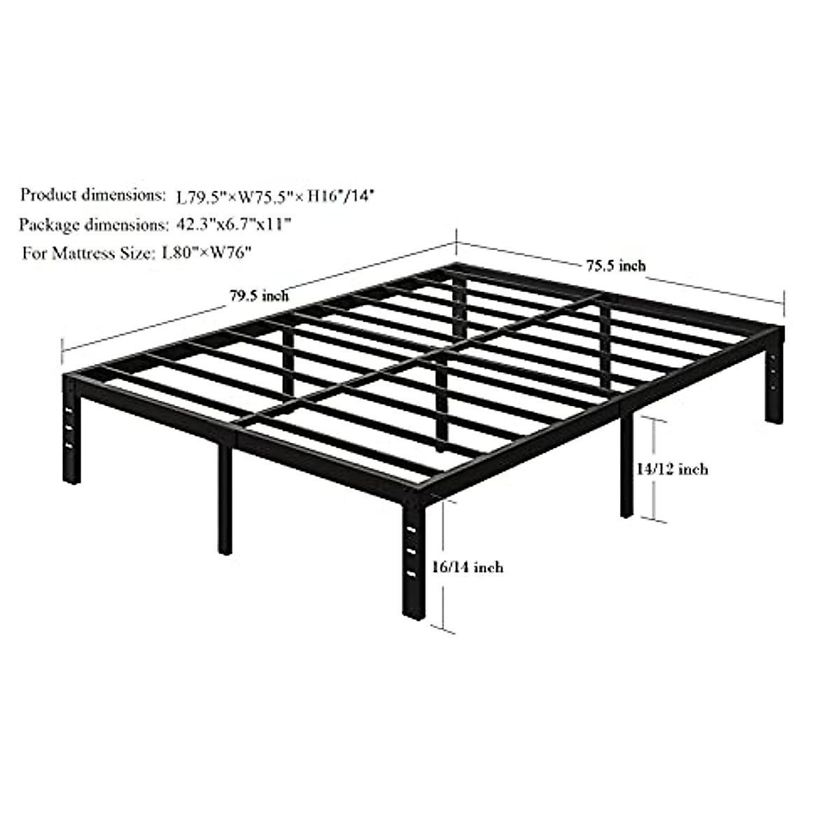 COMASACH Bed Frame King and 6 Pcs Non Slip Mattress Gaskets, No Box Spring Needed, 14 Inch Black Metal Platform Bed Frames, 4000Lb Heavy Duty Steel Slat Support, Noise Free Mattress Foundation