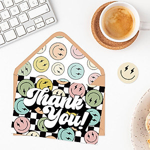 Whaline 24 Pack Groovy Thank You Cards Checkerboard Smile Face Thank You Note Cards with Envelopes Stickers for Baby Shower Birthday