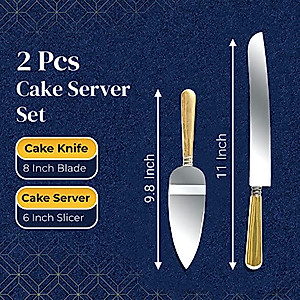 Zzteck Stainless Steel Wedding Cake Knife and Server Set with Golden Handles- Cake Cutter Set With 12" Server & 9.8" Knife - Durable & Dishwasher Safe - Cake Cutting Set for Wedding, Party & Events