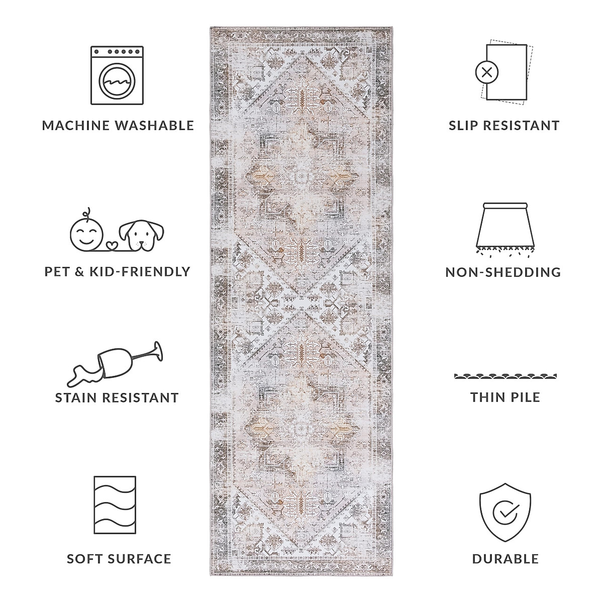 SAFAVIEH Tucson Collection Runner Rug - 2'6" x 12', Beige & Grey, Persian Design, Non-Shedding Machine Washable & Slip Resistant Ideal for High Traffic Areas in Living Room, Bedroom (TSN102B)
