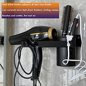 Self Adhesive Hair Dryer Holder for Dyson Hair Dryer Holder, Wall Mount Bathroom Organizer for Flat Irons, Curling Wands, Hair Straighteners, Compatible with Most Hair Dryers (Wrought Iron, Black)