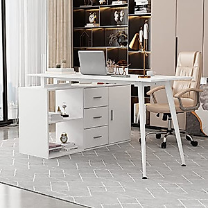 Homsee Home Office Computer Desk L-Shaped Corner Desk with 3 Drawers, 2-Tier Open Shelves & 1 Door, 55 Inch Wooden Study Writing Table with Storage Cabinet & Metal Legs, White