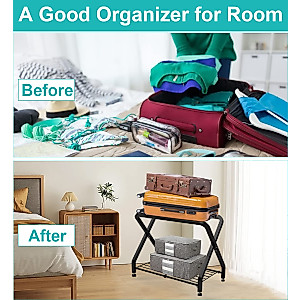 Whoonba Folding Luggage Rack with 2-tiers Storage Shelf, Foldable Steel Frame Luggage Organizers for Suitcase, Metal Luggage Holder for Guest room, Bedroom, Hotel, Closet, Black, 1pack