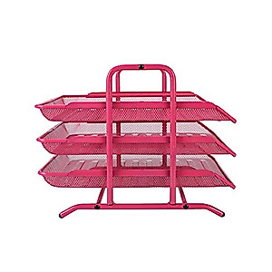 EasyPAG Desk Organizer Tray with 3 Sliding Trays for Letters Documents Mail Files Paper, Pink