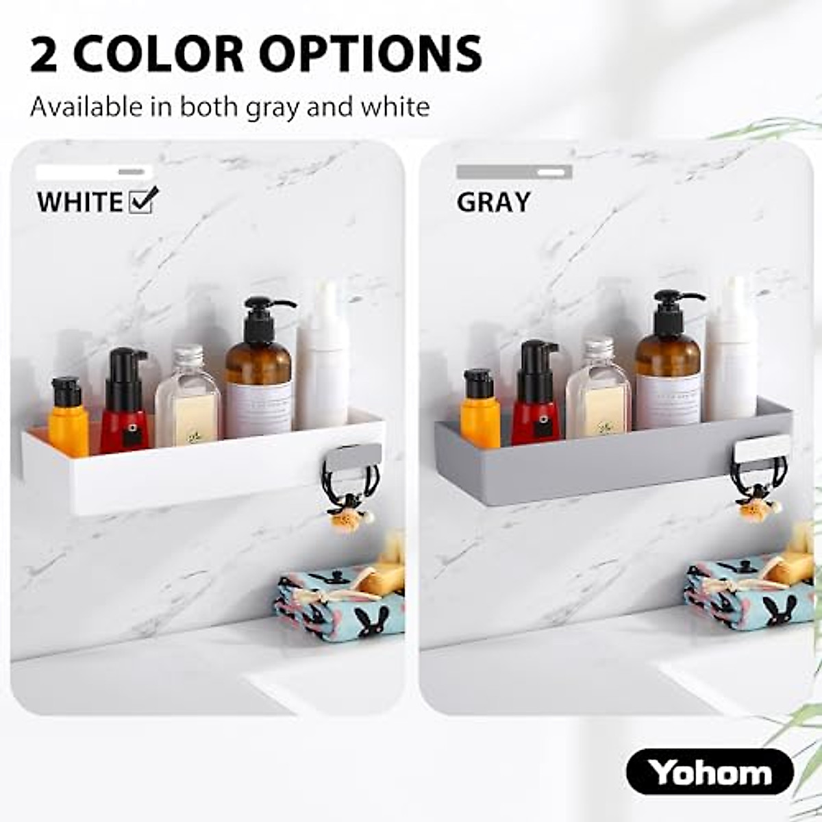 YOHOM White Adhesive Bathroom Caddy Organizer for Tile Wall Mounted Stick on Shower Caddy Floating Shelf Plastic Shampoo Holder with Hook