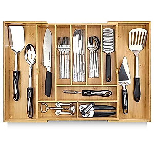 Pristine Bamboo Silverware Organizer - Expandable Kitchen Drawer Organizer - Adjustable Kitchen Drawer Organizer for Utensils, Expandable to 25 Inches Wide, 10 Compartments, Silverware Tray for Drawer
