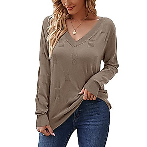 Arach&Cloz Women's Spring Fall Tops Fashion 2023 V Neck Long Sleeve Pullover Jumper Knitted Casual Sweater (Nutmeg, Medium)