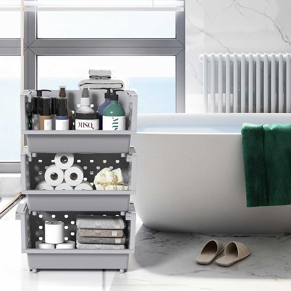 Udotry 4 Packs Plastic Stackable Storage Bins, Large Stacking Storage Baskets, Gray