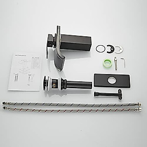 LOOPAN LED Bathroom Sink Faucet 1 Hole Waterfall Single Handle Faucet Black Glass Spout with Pop Up Drain Single Hole Bath Vanity Faucets for Sinks 2 Water Supply Lines