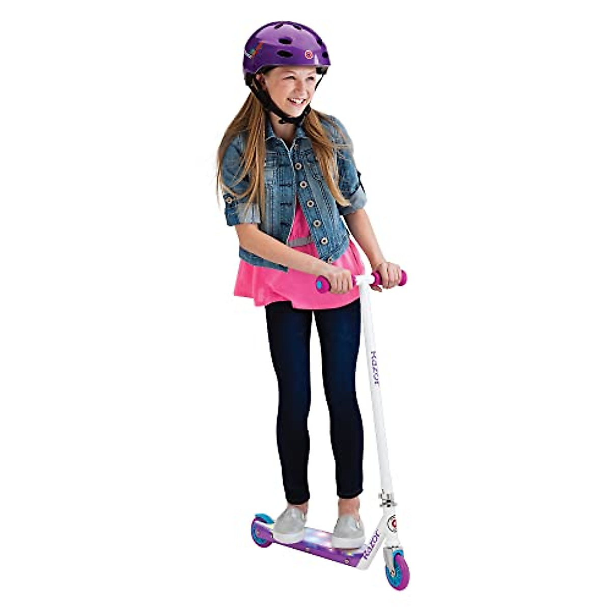 Razor Party Pop Kick Scooter for Kids Ages 6+ - 12 Multi-Color LED Lights, Urethane Wheels & A5 Lux Kick Scooter for Kids Ages 8+ - 8 Urethane Wheels, Anodized Finish Featuring Bold