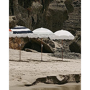 Business & Pleasure Co. Holiday Beach Umbrella ~ White Boho Fringe Umbrella, UPF 50+, 1" Tilting Wood Pole, 5’W x 6.5’H
