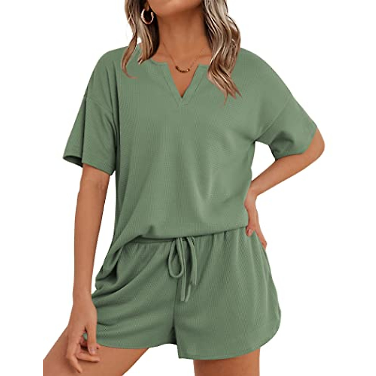 Ekouaer Waffle Knit Pajamas Set Womens Loungewear Short Sleeve Lounge Set 2 Piece PJ Sets S-XXL Grey Green