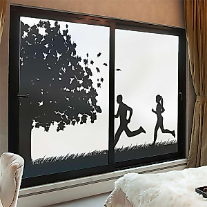 White Black Frosted Window Privacy Film Blackout Static Cling Removable Window Film Sun Blocking Anti UV Glass Film for Home Sliding Door Trees Forest Design Figure Silhouette 35.4Wx63L-inch x2 Pcs