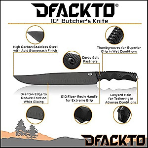 DFACKTO - Premium Rugged Chefs Knife Basecamp Set with Sheaths and Case for Kitchen and Camping, Stonewashed High Carbon Stainless Steel Knives in Tactical Travel Kit, G10, Black Cooking BBQ Utensils