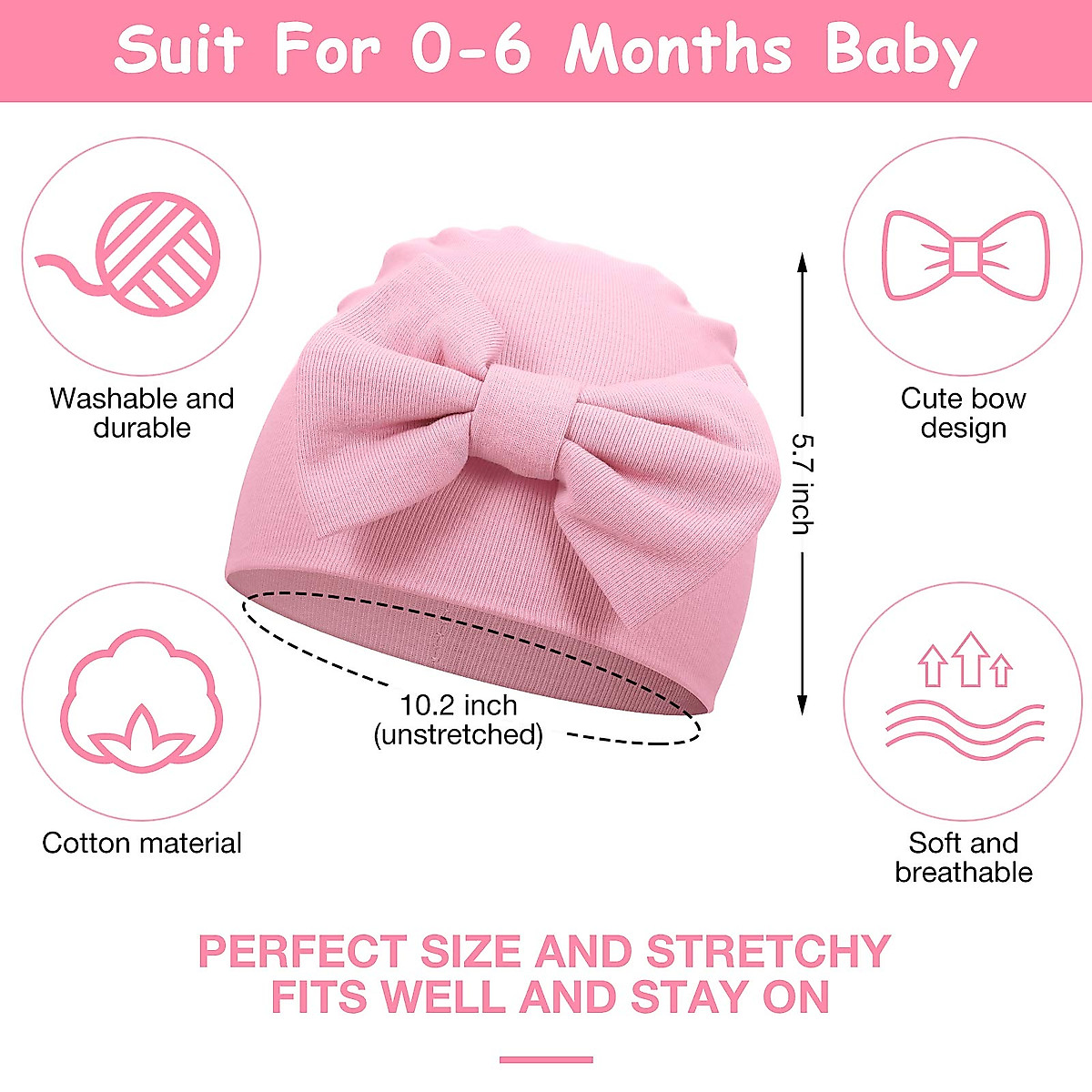 Geyoga 6 Pcs Newborn Hats Baby Beanie Cotton Hats Soft Newborn Baby Cap with Cute Bow for 0-6 Months Girls Unisex Baby(Classic Colors)